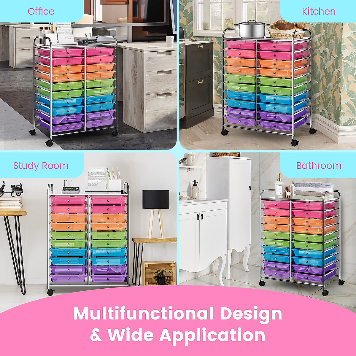COSTWAY 20-Drawer Rolling Storage Cart, Utility Storage Organizer Cart for Tools, Scrapbook, Paper, Craft, Multipurpose Storage Trolley on Wheels for Home Office School (Rainbow)