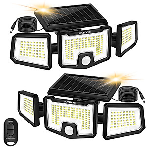 K KASONIC Solar Flood Lights, 2500LM Super Bright Motion Sensor with Remote, IP65 Waterproof Solar Security Spot Lights with 15Ft Cable for Patio, Garage, Porch, Yard, 2 Pack