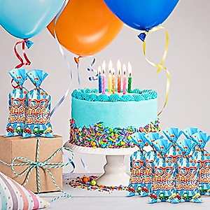 100 Pcs Birthday Party Cellophane Treat Bags English Teacher Party Bags Plastic Candy Goodie Bags Birthday Favors Gift Bags with 100 Pcs Twist Ties for Kid Blue Orange Themed Party Decoration Supplie