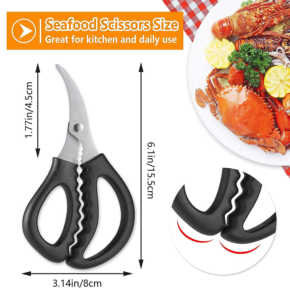 4PCS Seafood Scissors Crab Scissors Stainless Steel Seafood Fish Crab Shrimp Lobster Scissors for Kitchen, Multifunctional Crab Leg Crackers and Tools Black