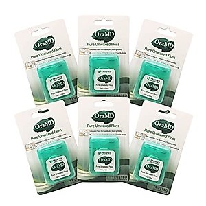 OraMD Oral Care Pure Unwaxed Dental Floss 54.6 Yards - Chemical Free, Shred Resistant - Unscented and Ultraclean Plaque Removal - Teeth and Gum Protection for Adults - Pack of 6