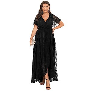 Ever-Pretty Plus Women's V Neck Ruffles Sleeves Pleated Lace Summer Plus Size Semi Formal Dress for Curvy Women Black US20