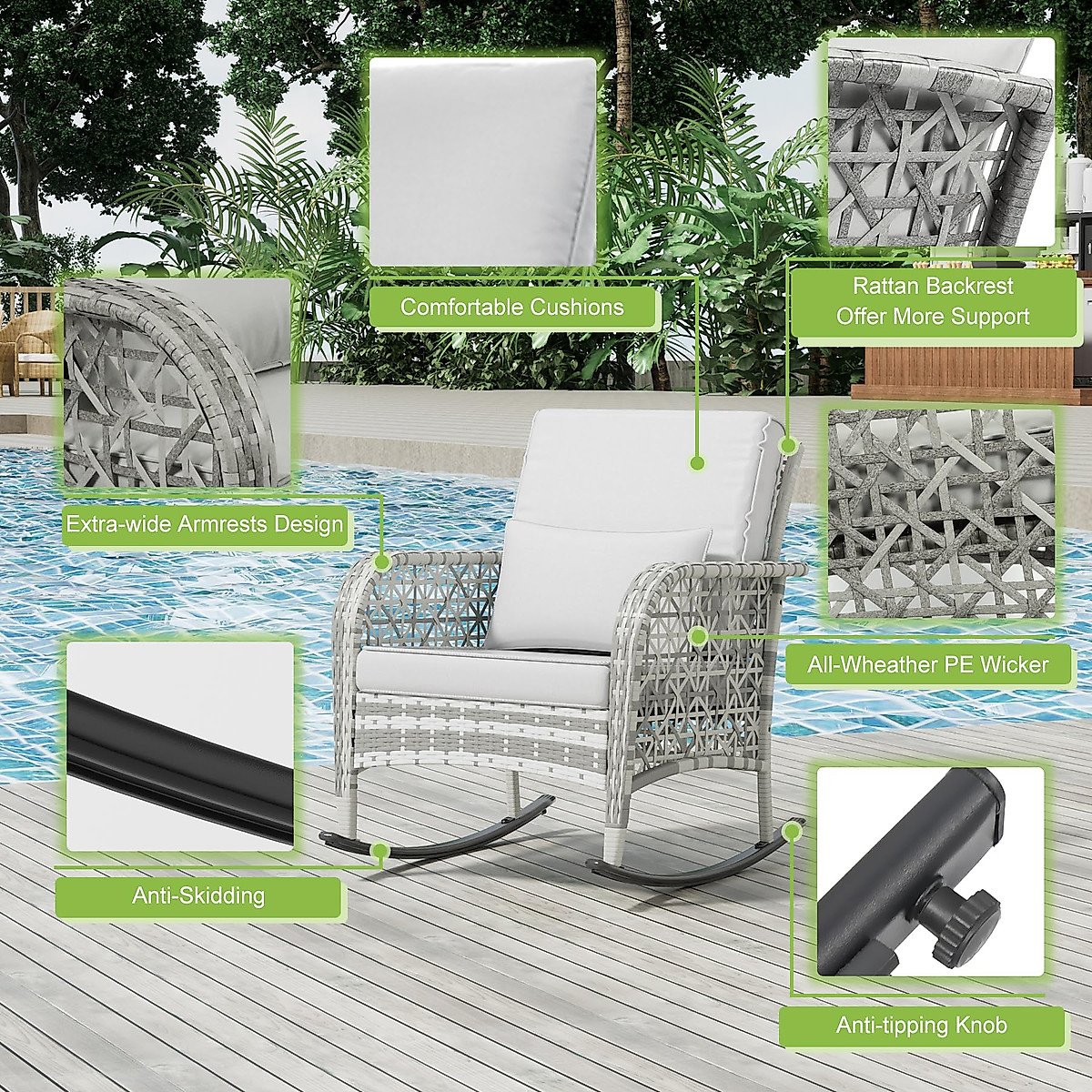 BALDPER 6-Piece Gray Wicker Patio Rocking Chairs Set, Rocking Wicker Bistro Set, Outdoor Furniture Conversation Set with Porch Chairs and Glass Coffee Table, Cloudy Grey