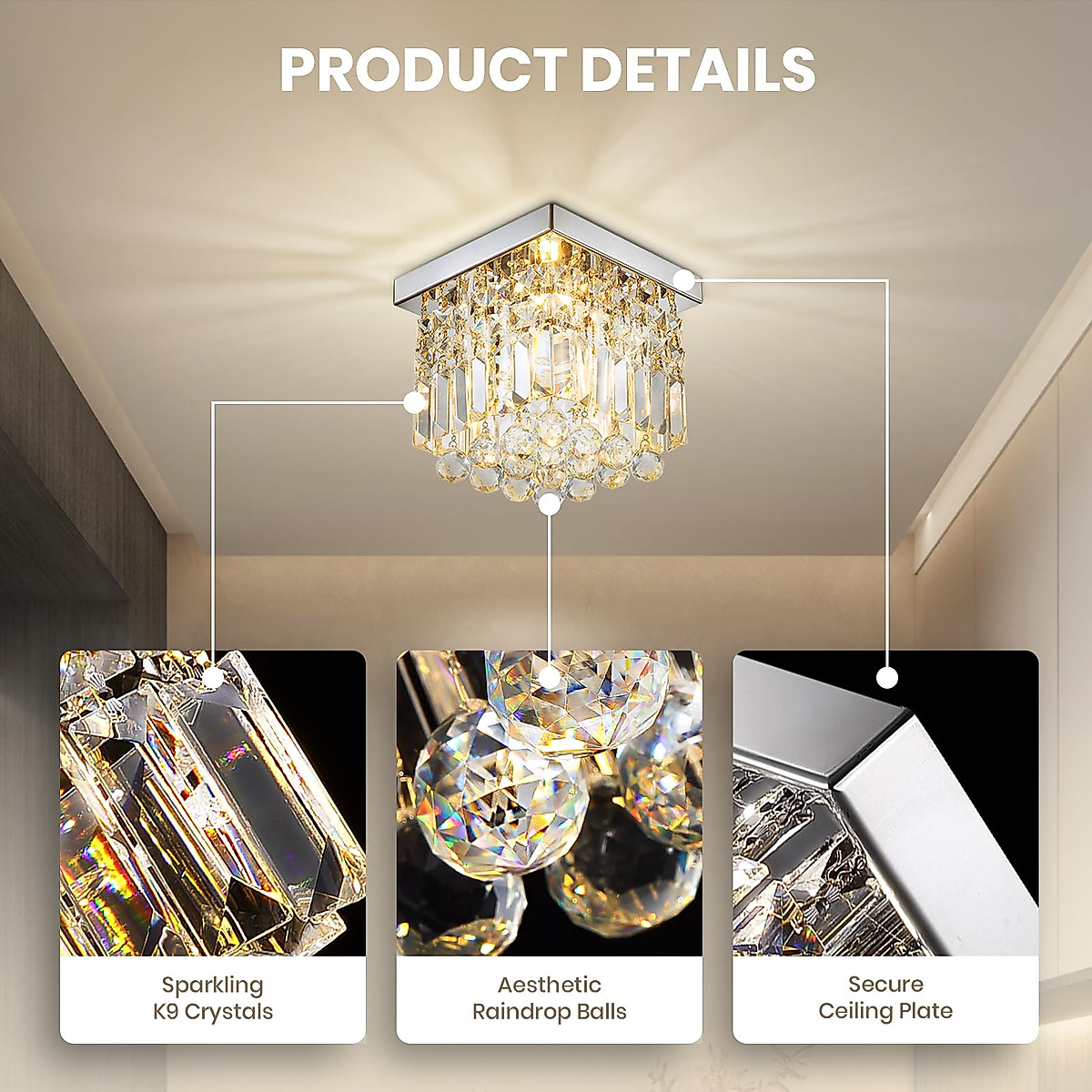 Moooni Chandelier, Hallway Crystal Chandelier, 1-Light Mini Modern Square Flush Mount Ceiling Light Fixture for Closet Foyer W8