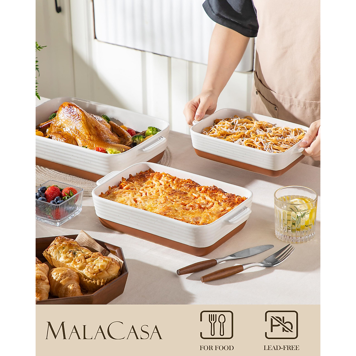 MALACASA Casserole Dishes for Oven, Ceramic Baking Dishes Set of 3, Baking Pan Casserole Dish Set, Rectangular Lasagna Pan Deep with Handles for Baking, Khaki White (14.5''/13''/10.5''), Series TARA
