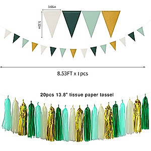 Sage-Green Beige-Gold Birthday Decorations - 31pcs Party Kits Happy Birthday Banner Flags,Tissue Paper Pom Poms,Tassel Streamers Garland Decor for 13th 18th 21th Princess Girl Woman Panduola