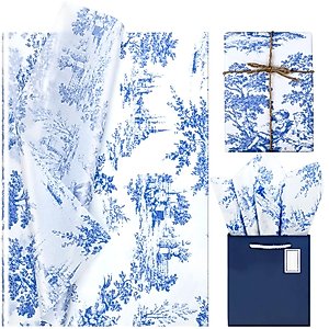 80 Sheets 20 * 14 Inches Vintage Print Tissue Paper for Gift Wrapping, Blue French Toile Gift Wrap Tissue Paper, Retro Decorative Tissue Paper for Wedding Birthday Bridal Shower DIY Craft (Blue)