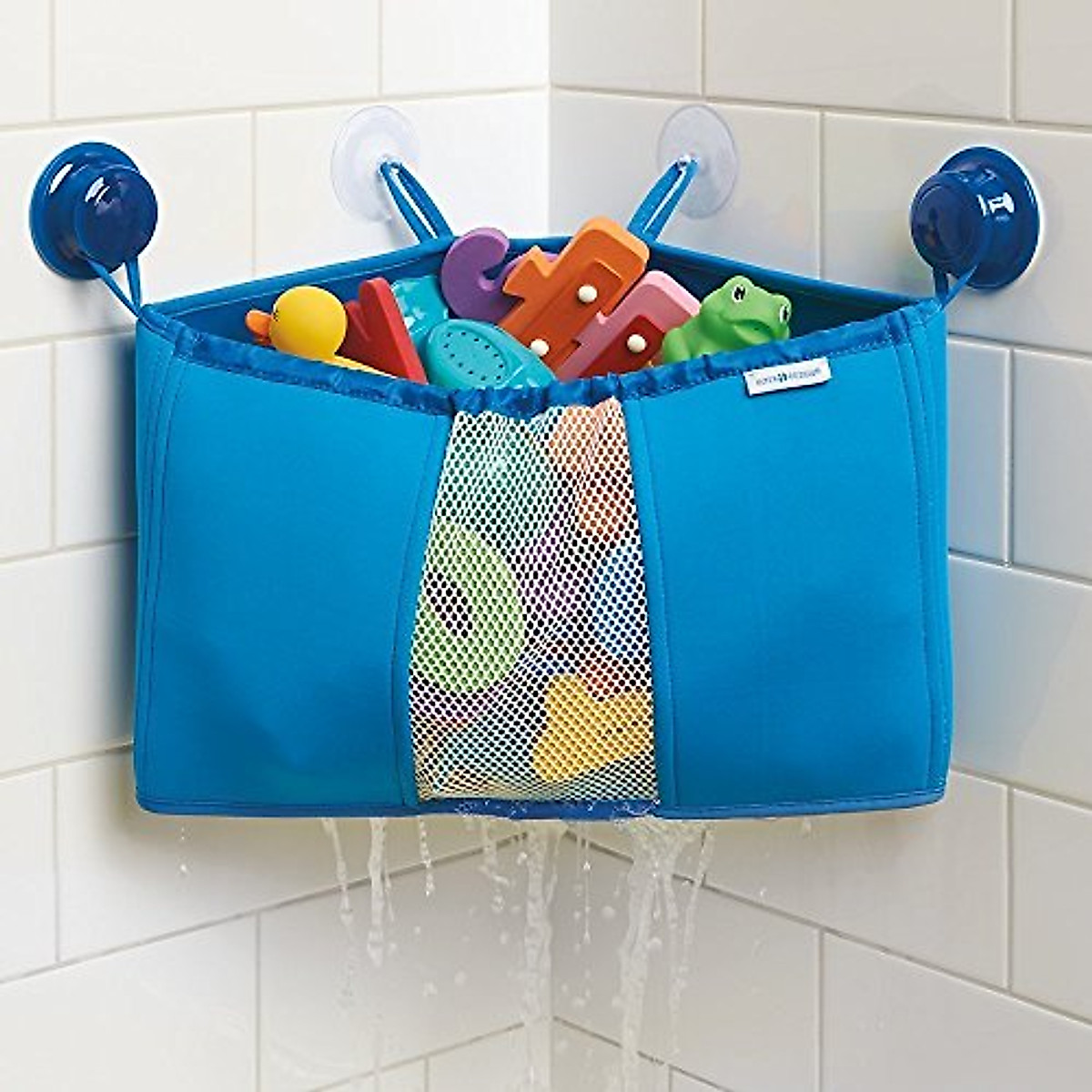 iDesign IDjr Neoprene Suction Cup Corner Bathroom Shower Caddy Basket, Baby Bath Toy Organizer, 13.5" x 11" x 11" - Blue