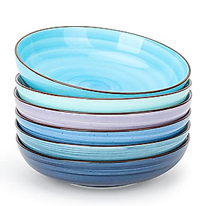 KitchenTour Ceramic Pasta Bowls - Large Salad Bowls Porcelain Serving Bowl Set 26 Ounce - 8 Inch Soup Bowl - Dishwasher and Microwave Safe - Set of 6, Assorted Cool Colors
