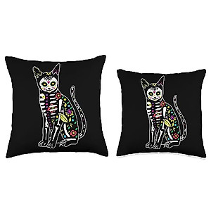 Colorful Sugar Skull Cat - Mexican Dead Celebrations Throw Pillow