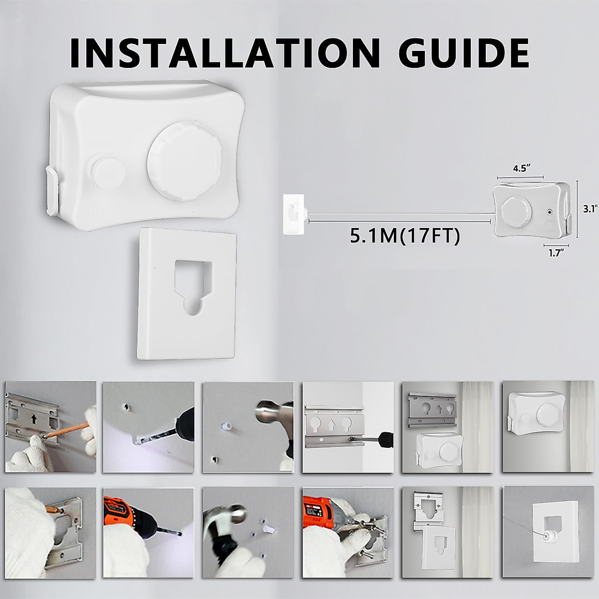 HUANSHA Retractable Clothesline Indoor Outdoor, 16.7ft Space Saving Retractable Laundry Line, Non-Sagging White Heavy Duty Retractable Clothes Line for Small Laundry Room, Bathroom, RV Shower