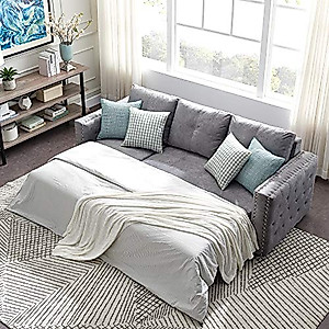 MOREDESIGN Reversible Sleeper Sectional Sofa, Corner Sofa-Bed with Storage,91" W*64.5" D*35.5" H, nailheaded, Grey