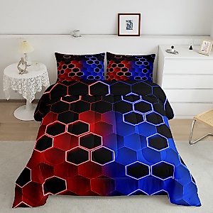 Hexagonal Comforter Set for Kids Boys Girls Honeycomb Comforter Queen Size Geometry Ombre Red Blue Bedding Set Decor Beehive Duvet Set Simplistic Quilt 3Pcs Boys