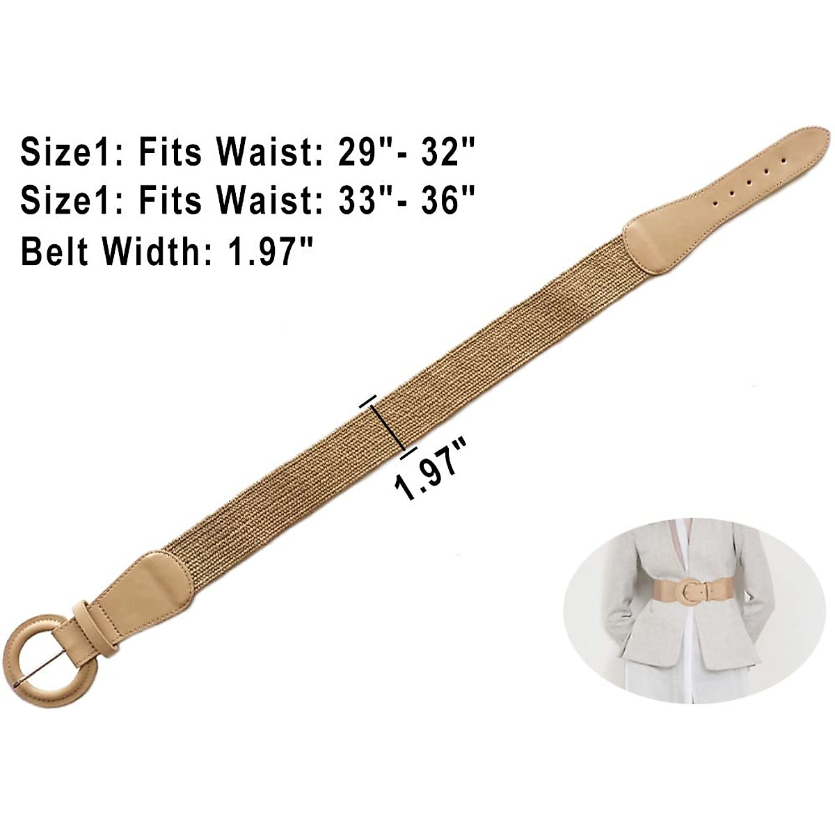 YUCFOREN Women Skinny Dress Belt, Elastic Stretch Waist Band Straw Woven Rattan Wood Buckle Belts (Type 8-Khaki, Fits Waist: 33"-36")