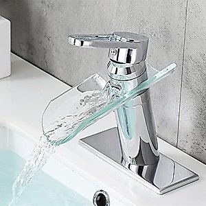 WINDALY Waterfall Bathroom Faucet, Single Hole Glass Spout Bathroom Faucet, Single Handle Solid Brass Bathroom Vanity Faucet with Deck Plate, Chrome (Glass)