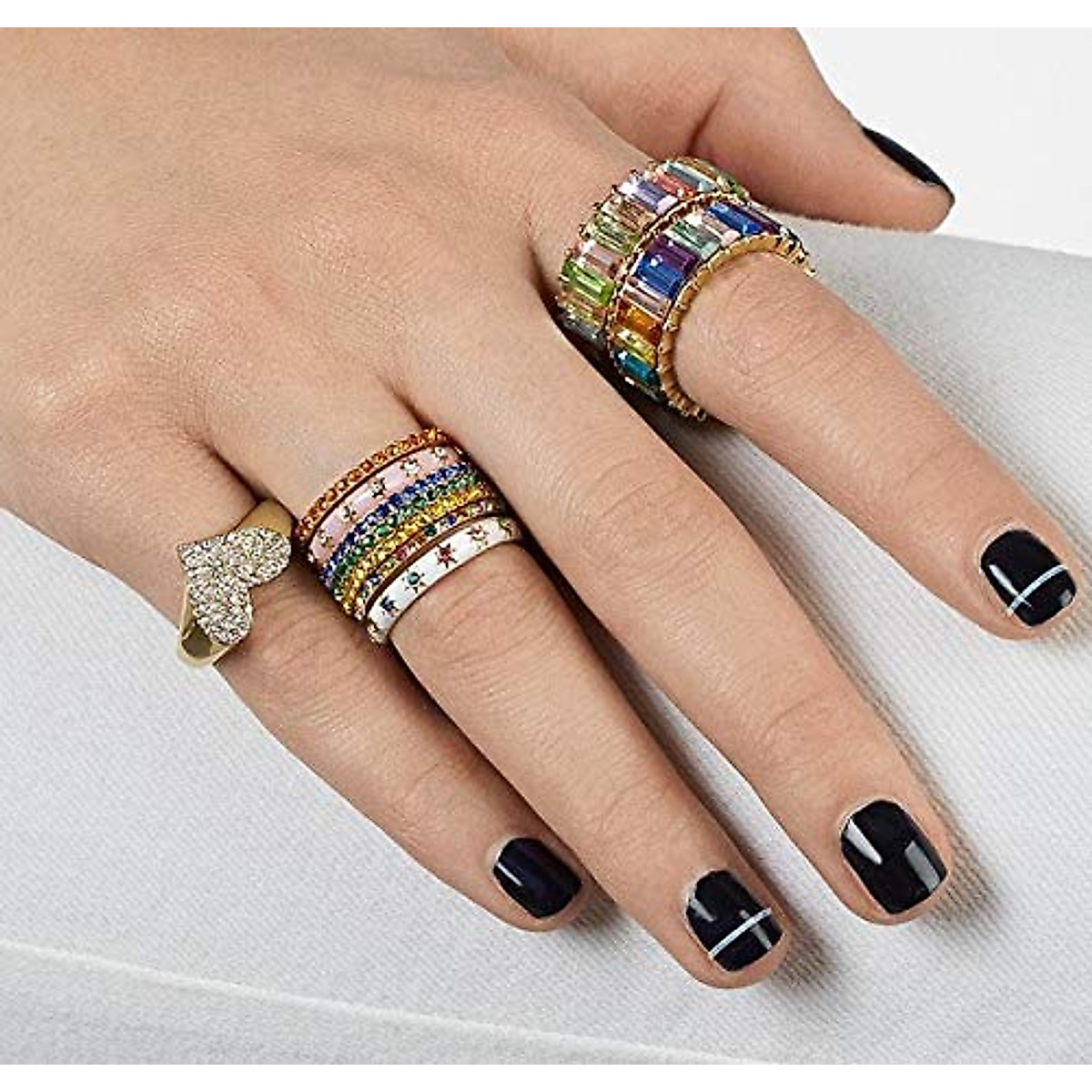 ATJMLADYJEWELRY Gold Plated Rainbow Star White Enamel Stack Stacking Engagement Band Ring for Women (8)