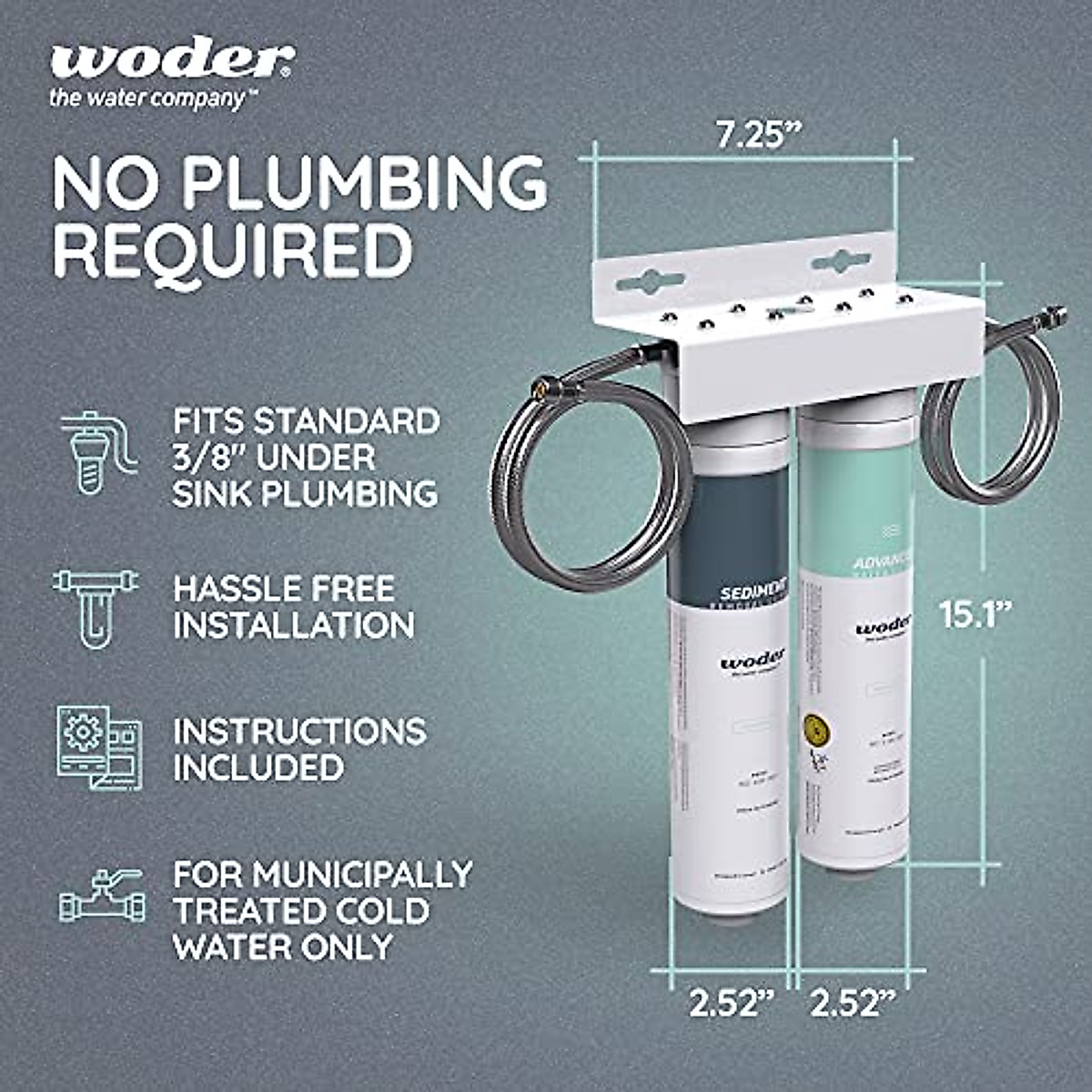 Woder WD-D-20M-ADV-DC Water Filtration System - Sediment Filter and Advanced Water Filter. Under-Sink Water Purifier. Removes Sediments, Sand, Scale, Chlorine, Lead, Contaminants and Odors - USA Made