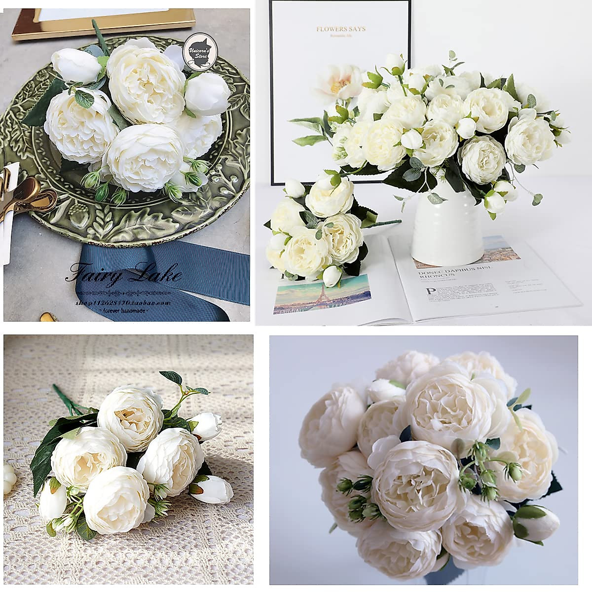 NINAT Peony Artificial Flowers Artificial Bouquet Fake Flowers Silk 20 Heads 16 Buds with Flower Stem for Wedding Valentine's Day Party Home Decoration Pack of 4 (White)