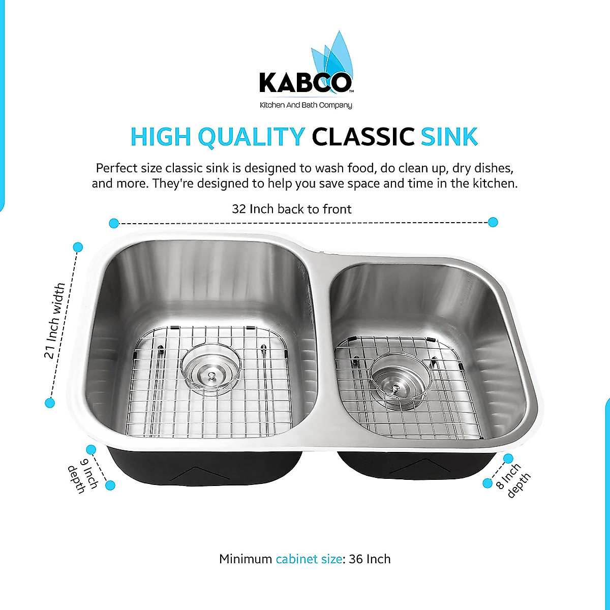 KABCO 32 Inch Double Unequal Bowl Classic Kitchen Sink with Sink Strainers, Sink Grids, Rolling Up Grid and a Removable Garbage Basket 16 Gauge Undermount Rust, Sound and Heatproof