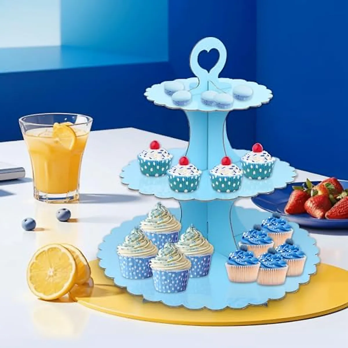 KINMRIS Blue Cake Stands Cardboard 3- Tier Dessert Cupcake Stand for Afternoon Tea 2 Pack, 3-Tier Cupcake Holder for Weddings, Birthday Party Supplies, Wedding Anniversary