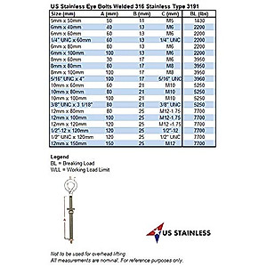 US STAINLESS 2 Pieces Stainless Steel 316 M12 Eye Bolt 12mm x 150mm Bolt Marine Grade Pitch of 1.75
