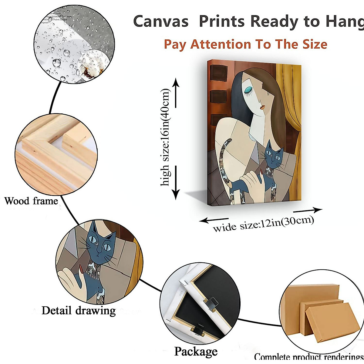 Framed Picasso Wall Art Nordic Abstract Girl and Cat Canvas Wall Art Bohemian Canvas Prints The Dream Girl with Cat Picture Modern Wall Decor for Hotel Rooms Bedroom Poster 12"* 16"