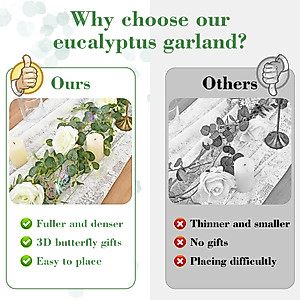 Yastouay 6.4 Ft Fuller White Flower Garland with Butterfly, Artificial Eucalyptus Garland with Flowers Fake Rose Vine Garland for Table Centerpiece Wedding Arch Baby Shower Party Room Backdrop Decor