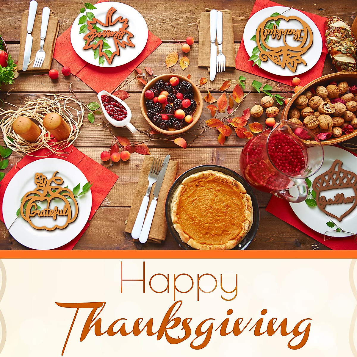 Spiareal 12 Pcs Fall Thanksgiving Wood Cutout Thankful Grateful Blessed Sign Plate Decor Pumpkin Maple Leaf Turkey Table Settings Thanksgiving Autumn Plate Table Wall Decoration(Yellow,Orange,Brown)