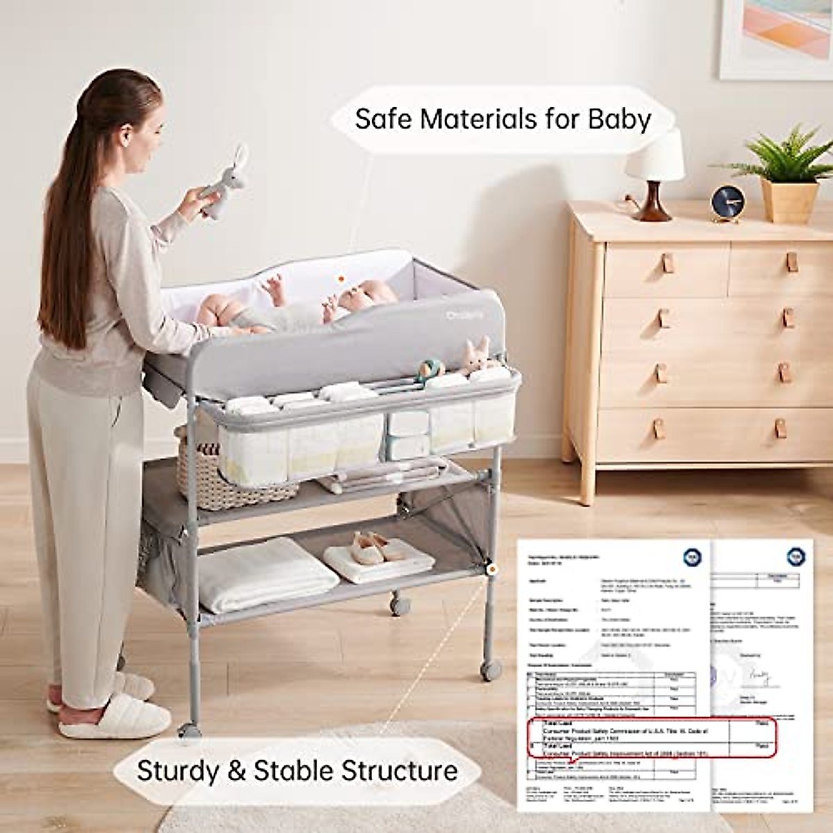 Baby Changing Table Portable Adjustable Changing Station for Tall, Foldable Diaper Changing Tables, Easy Clean Changing Table Topper, Large Storage Cholena Changing Station for Nursery, Cationic Grey