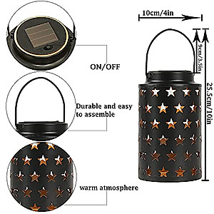 JHY DESIGN 2 Pack Solar Lantern Lights Outdoor Solar Powered Table Lamp Lights Hanging Garden Lamp Metal Lantern with Handle for Patio Garden Outdoor Walkway Yard Landscape Park Lawn(Hollow Stars)