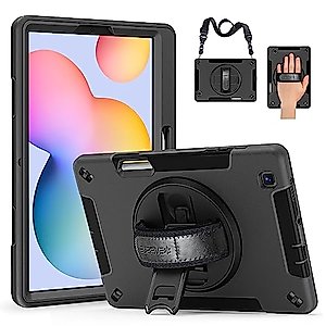 SUPFIVES Case for Galaxy Tab S6 Lite 10.4 Inch 2022/2020, with S-Pen Holder+ Shoulder Strap+ Handle+ 360° Rotating Stand, Black