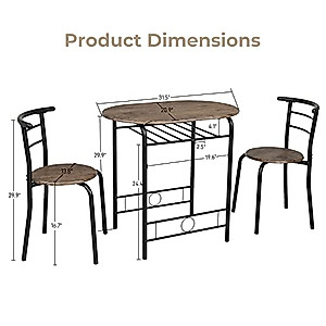VINGLI 3 Piece Dining Set,Small Kitchen Table Set for 2,Breakfast Table Set for 2,Kitchen Wooden Table and 2 Chairs for Small Space/Dining Room/Apartment,Metal Frame,Wine Rack,Rustic