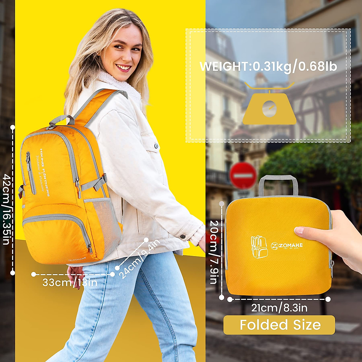 ZOMAKE Lightweight Packable Backpack - 35L Light Foldable Hiking Backpacks Water Resistant Collapsible Daypack for Travel(Yellow New)