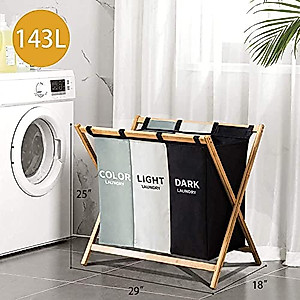3-bag Laundry Cloth Hamper Sorter, 143l Laundry Organizer Cart,storage Laundry Bag for Dirty Clothes Bag-everyday Use, Bathroom, Bedroom,foldable 3 Sections with Wood Frame 29" X 25" X 18"