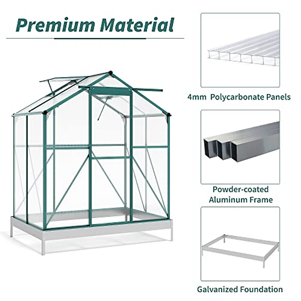 OPTOUGH 6.2x4.3x7.4 FT Polycarbonate Greenhouse with Sliding Door, 2 Vent Window and Base, Walk-in Greenhouse Storage Shed Sunroom Aluminum Hot House for Outdoor Garden Backyard, Green
