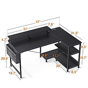 ODK L Shaped 48 Inch Computer Desk with USB Charging Port & Power Outlet, L-Shaped Gaming Desk with Storage Shelves & Monitor Shelf for Home Office Workstation, Modern Writing Table, Black