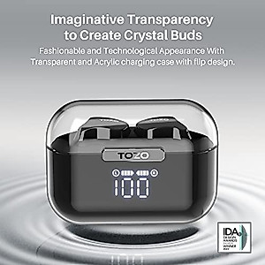 TOZO Crystal Buds Bluetooth 5.3 True Wireless Stereo Earbuds IPX8 Waterproof in Ear Headset Call Noise Reduction Headphones with Digital Display and Transparent Case Long Standby Earphones Black