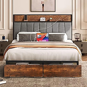HOMBCK Queen Size Bed Frame with Charging Station, Queen Bed Frame with Storage Headboard, 2 Storage Drawers, Mattress Foundation with Strong Slats Support, No Box Spring Needed