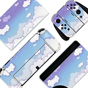 BelugaDesign Clouds Switch Skin | Pastel Sticker Wrap Vinyl Decal | Cute Fluffy Round White Sky Compatible with Nintendo Switch OLED (Switch OLED, Blue)
