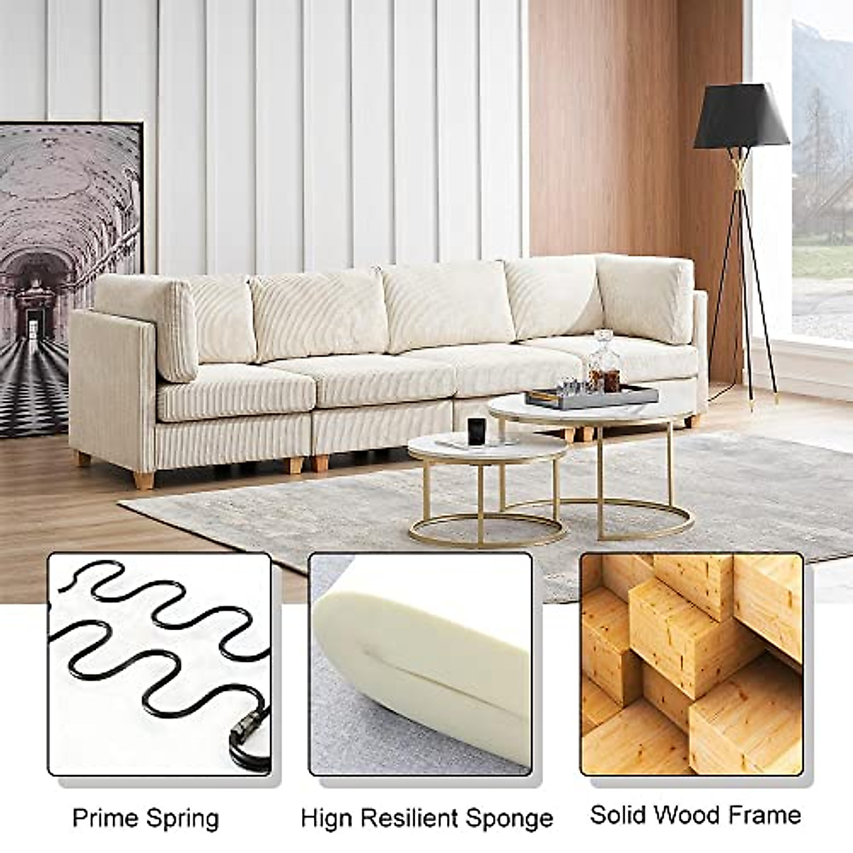 Modern Convertible L Shaped Couch, Soft Corduroy Fabric Multi-Combination Living Room Sectional Couch (Beige) (MFW1281-5)