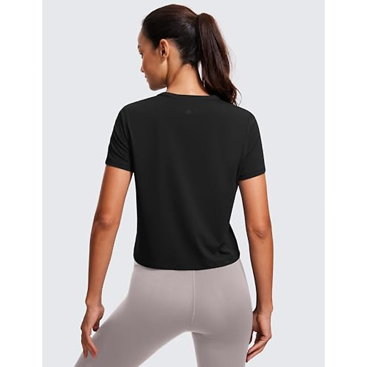 CRZ YOGA Women's Pima Cotton Short Sleeve Crop Tops High Neck Cropped Workout Tops Yoga Athletic Shirts Casual T-Shirt Black X-Small