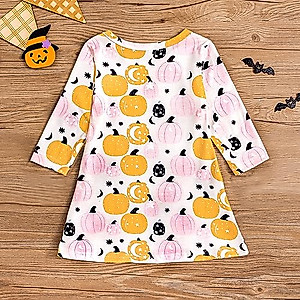 1-6T Toddler Kids Baby Girls Halloween Outfits Ghost Pumpkin Print Long Sleeve Dress Winter Clothes (Yellow, 5-6 T)