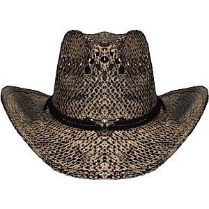 Western Outback Cowboy Hat Men's Women's Style Straw Felt Canvas (034 Brown Bull Head)