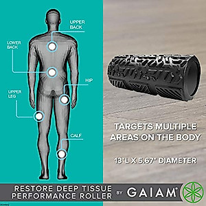 Gaiam Restore Massage Roller - Deep Tissue Performance Muscle Roller | Multi Textured Massager, High Density Hard Inner Core (13" L x 5" Diameter)