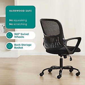 SMUG Home Office Computer Gaming Desk Chair, Ergonomic Mid-Back Mesh Rolling Work Swivel Task Chairs with Wheels, Comfortable Lumbar Support, Comfy Arms for Bedroom, Study, Student, Adults, Black