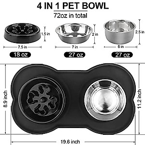 PETIZER Dog Bowls Medium Sized Dog, Slow Feeder Dog Bowls with No Skid Silicone Mat, Dog Food and Water Bowl, Stainless Steel Pet Bowls, 72Oz in Total