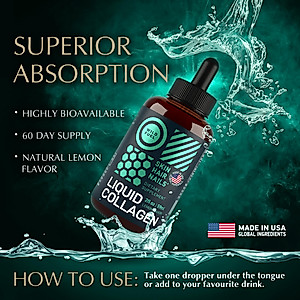 Liquid Collagen Peptides with Biotin Vitamins for Hair Skin and Nails - Biotin and Collagen Supplements - 10,000mcg Liquid Collagen for Women and Men 5,000mcg Biotin - Lemon Flavor, 2-Month - 2 oz