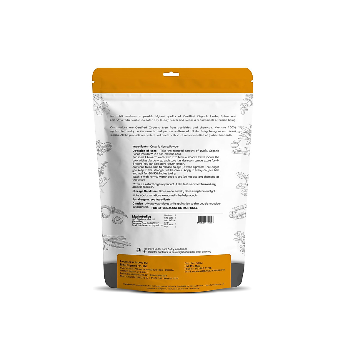 Just Jaivik Henna Powder (Lawsonia Inermis) for Hair - 100% Natural, USDA Certified Organic by OneCert Asia, No Chemicals or Additives, 227 Gms / 0.5 LB/ 8 Oz