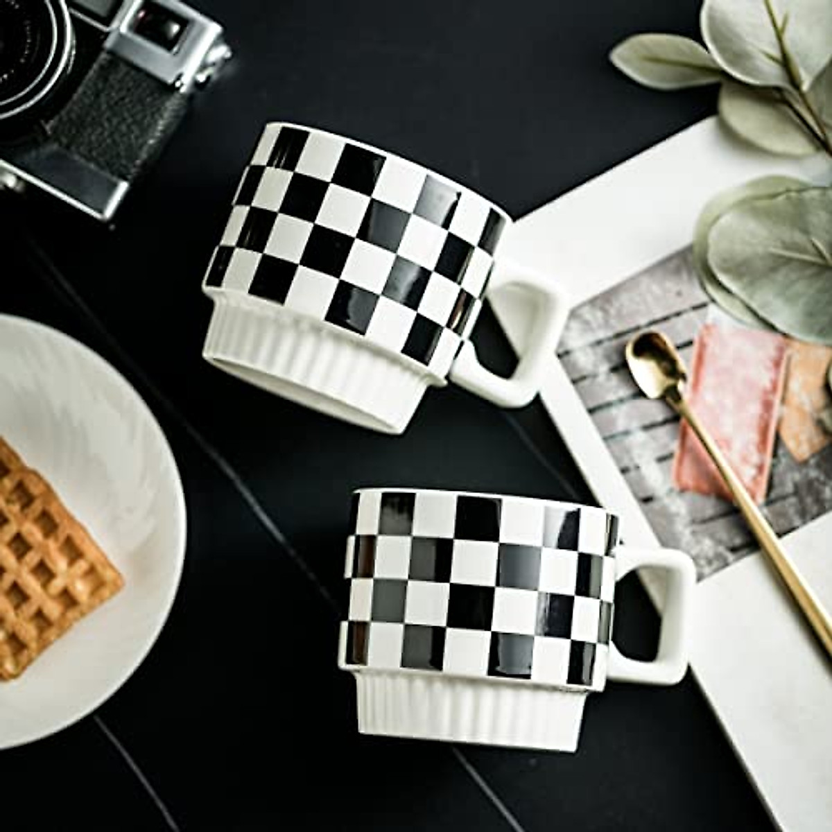 Miamolo Stackable Coffee Mug Set of 4 with Rack 11 oz Tea Cup Set with Tea Spoon Perfect for Coffee, Tea, Cocoa, Milk Chessboard Black and White Pattern Coffee Mug as Christmas Gifts