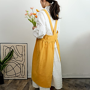 HANEE Cross Back Aprons for Women | Japanese Style Cotton Apron with Pockets | Cute Pinafore Smock for Gardening, Cooking, Painting, Cleaning and More (Yellow)